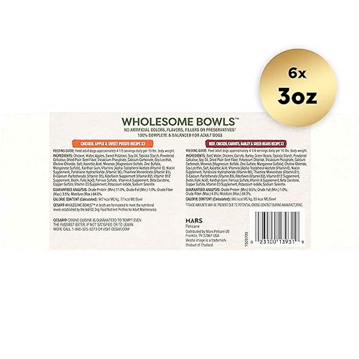 CESAR WHOLESOME BOWLS Adult Soft Wet Dog Food Variety Pack, Beef, Chicken, Carrots, Barley & Green Beans Recipe and Chicken, Apple & Sweet Potato Recipe, (6) 3 oz. Bowls