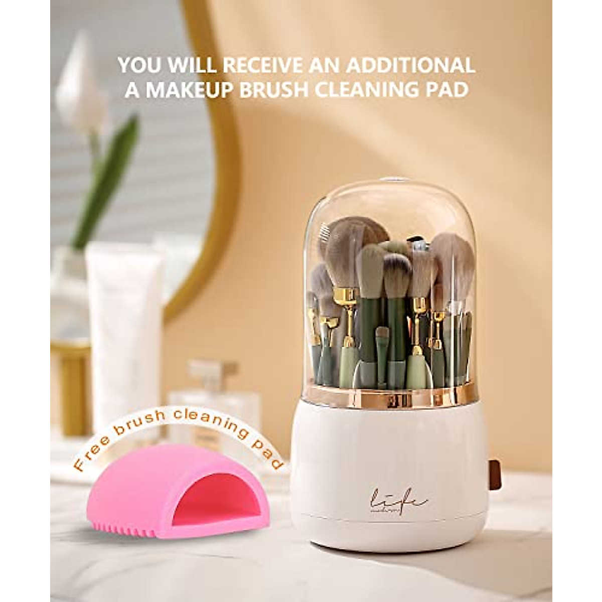 Y.duck Pink Makeup Brush Holder with Lid - 360 Rotating Makeup Organizer for Vanity - Dustproof Make Up Organizers and Storage-With Makeup Brush Cleaner Mat (White)