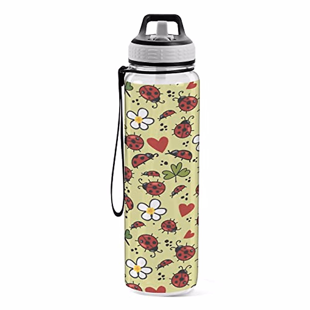 Fustylead Ladybugs and Flowers 32oz Water Bottle with Straw, Leakproof Clear Sport Water Bottles for Gym Camping Hiking Travel