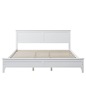 Bellemave Solid Wood Queen Platform Bed Frame with Headboard, Wooden Slats, No Box Spring Needed, Queen Size, Pine, White