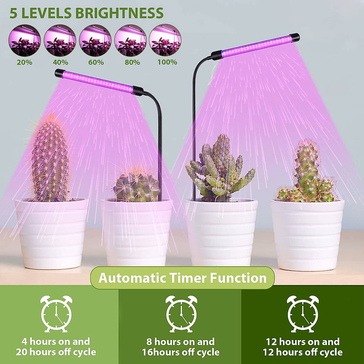 Juhefa Grow Light for Indoor Plants Growing, 2-Pack Red Blue Full Spectrum Plant Lamp with Flexible Gooseneck & Multiple Brightness for Seeding Succulent Bonsai Plants, 4/8/12H Timing