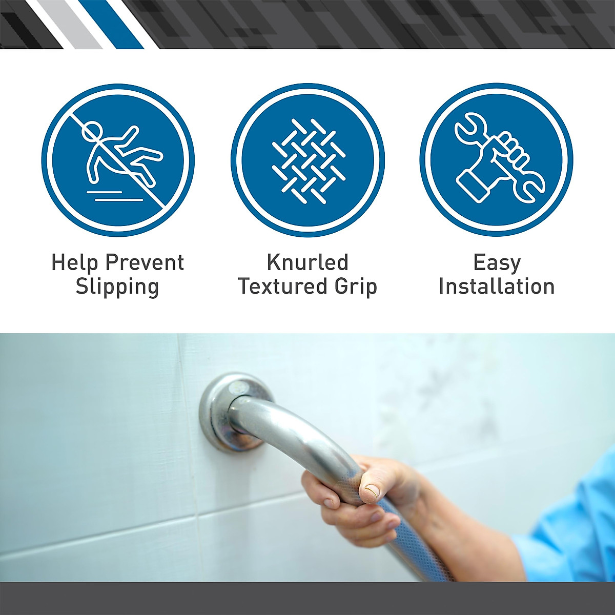 BodyMed 12-inch Chrome Plated Steel Grab Bar - Anti-Slip, Safety Aid Support for Bathrooms, Showers, Bathtubs and Toilets - Perfect for Adults and Seniors