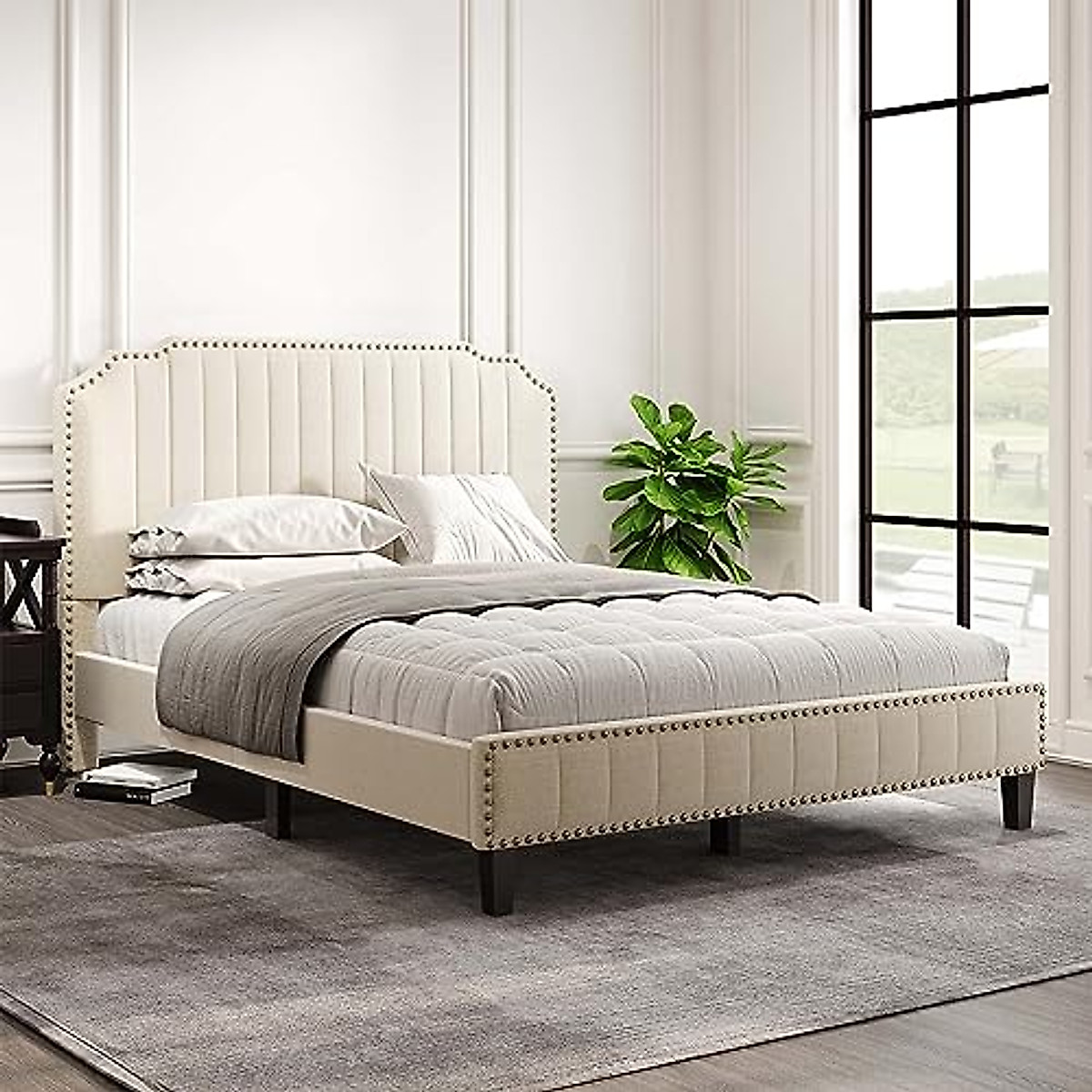 Queen Size Linen Upholstered Platform Bed Frame with Soft Nailhead Headboard and Wooden Slats Support, No Box Spring Needed for Boys Girls Teens Adults, Noise-Free, Under Bed Storage (Queen)