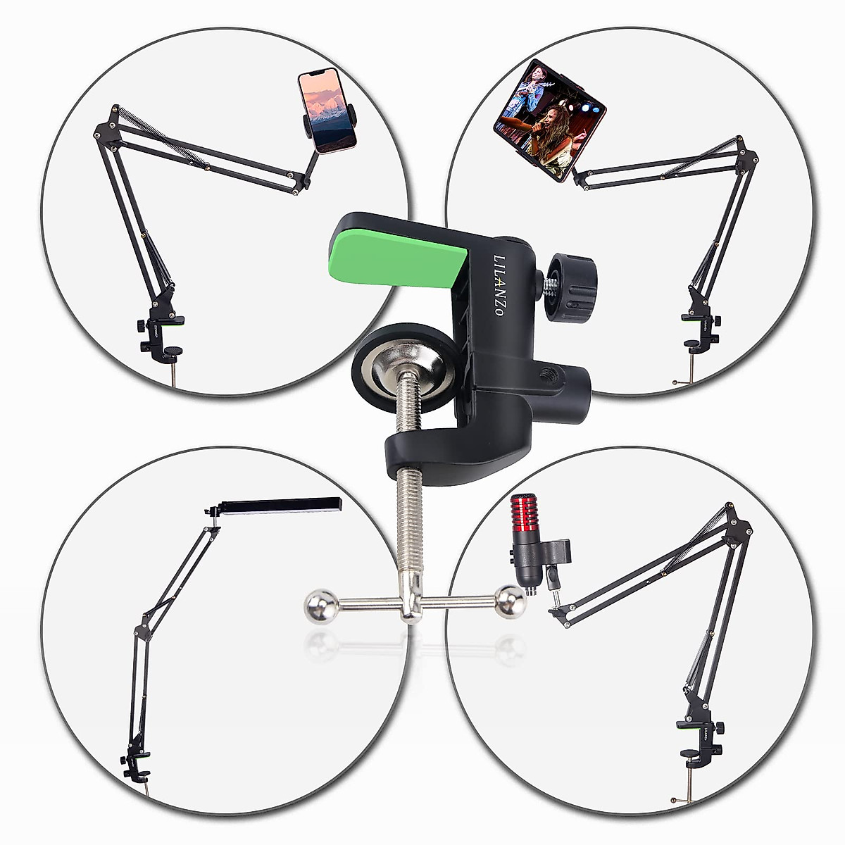2-IN-1 Table Mount Clamp, LILANZo Heavy-Duty Metal Mic Clamp Holder for Microphone Suspension Boom Scissor Arm Stand Holder & Overhead Phone Mount Stand, Fits up to 1.97"/5cm Desktop Thickness