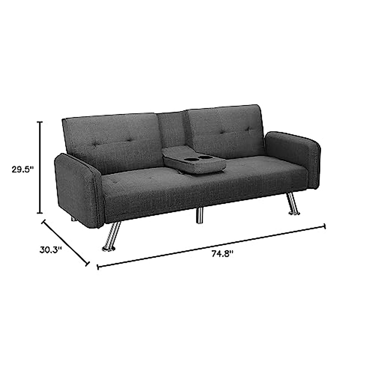 OYN Modern Futon Sofa Loveseat Convertible Sleeper Couch Bed Futonbed for Living Room Apartment Small Space Furniture Sets with 2 Cup Holders,Metal Legs, Removable Soft Square Armrest,Dark Gray
