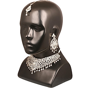 Touchstone Indian Bollywood Masterly Created Sparkling White Rhinestones Studded Look Grand Bridal Jewelry Necklace Earrings Mangtika Set In White Tone For Women.