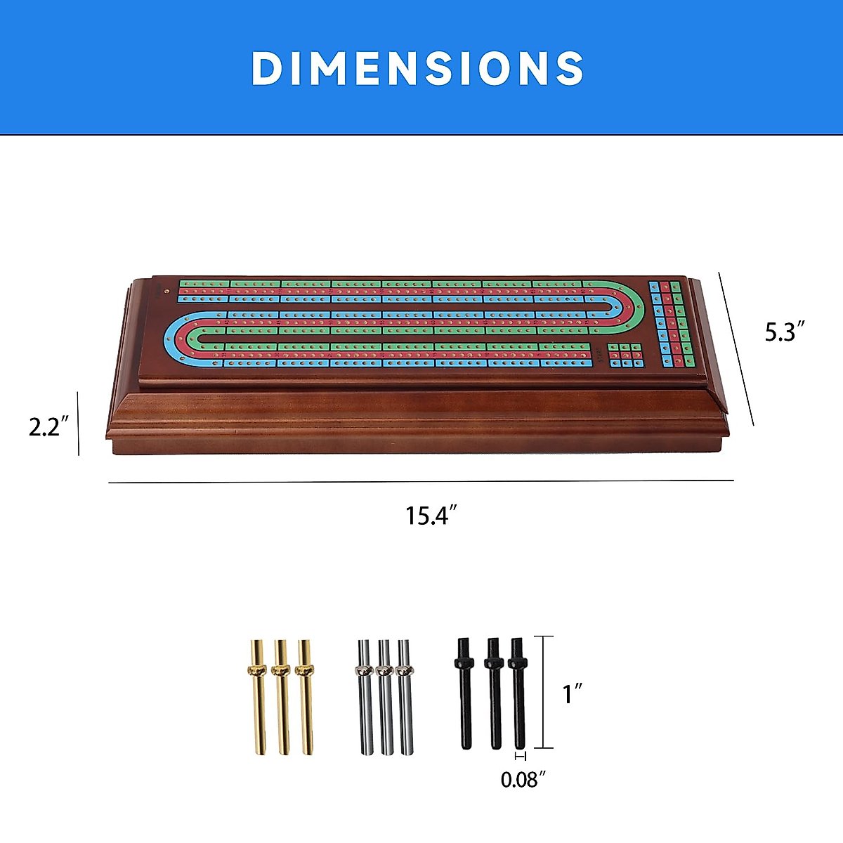 GSE Games & Sports Expert Multi-Color 3-Track Wooden Cribbage Board Game Box with 2 Deck Playing Cards, 9 Metal Pegs and Storage Drawer, Three-Track Cribbage Board with Large Storage