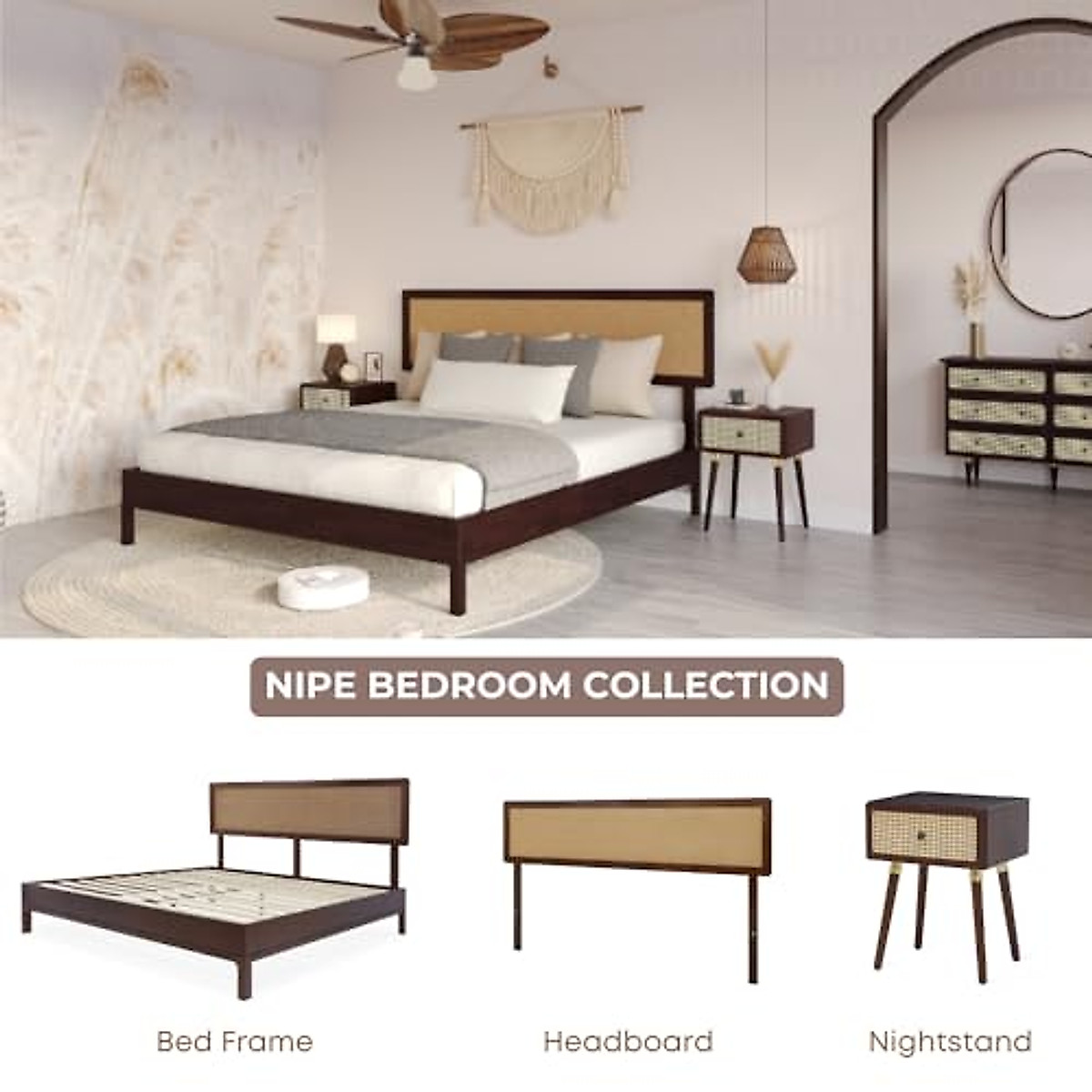 Bme Nipe Queen Headboard ONLY, Boho Bohemian Coastal Style with Solid Wood, Easy Assembly, Walnut
