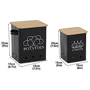Xbopetda Potato Onion Storage Bin, Kitchen Storage Canister Set of 2, Kitchen Pantry Organizer Tin - Vegetable Fresh Keeper with Aerating Tin Storage Holes & Wooden Lid (Black)
