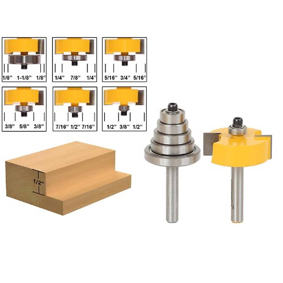 YONICO Rabbet & Bearing Router Bit Set 1/2-Inch Height with 6 Bearings 1/4-Inch Shank 14705q