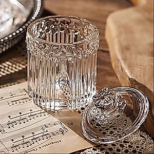 rejomiik 2 Pack Qtip Holder Glass Apothecary Jars with Lids Bathroom Accessories Vanity Organizers and Makeup Storage Canister for Cotton Ball, Cotton Swab, Floss, Candy, Clear