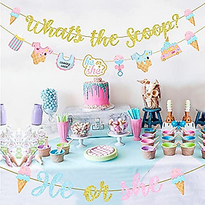What's The Scoop Decoration Set - Gold Glitter What's The Scoop Banner, He or She Banner Garland and 8 Pieces Ice Creme Garland for Ice Cream Theme Gender Reveal Party Decorations