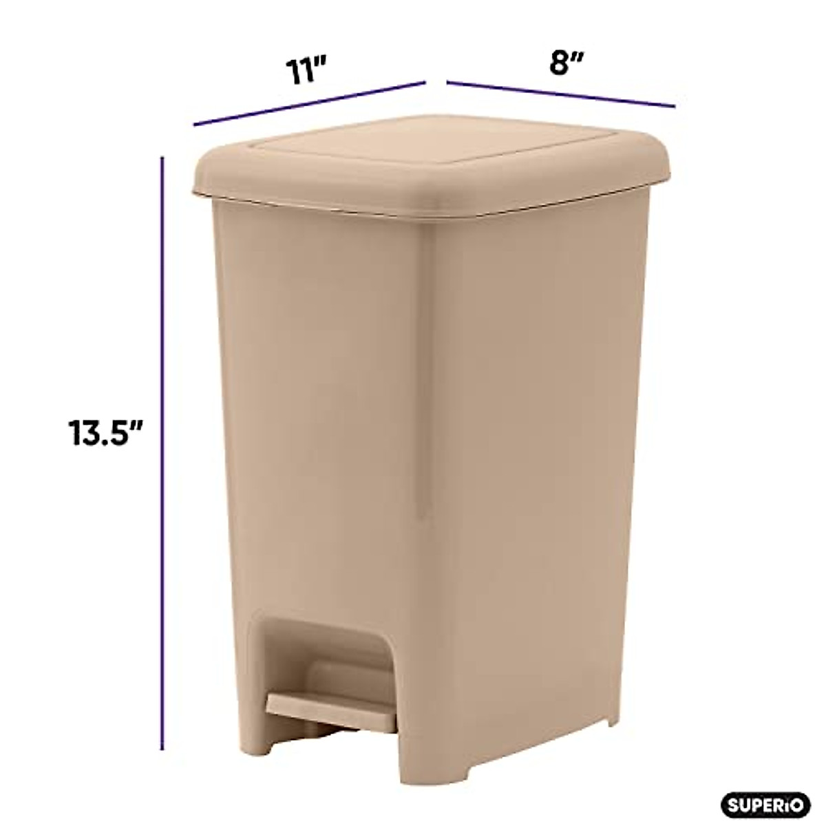 Superio 2.5 Gal Slim Step On Pedal Plastic Trash Can, 2 Pack Waste Bin for Under Desk, Office, Bedroom, Bathroom- 10 Qt, Black (Beige)