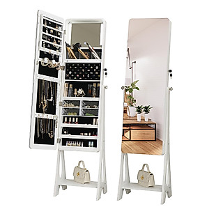 MASMIRE Standing Mirror With Jewelry Storage And Built-In Small Mirror - 63" H Lockable Full Length Mirror Jewelry Armoire, Mirror Jewelry Cabinet With 4 Drawers and Storage Shelf - White