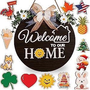 Interchangeable Welcome Sign Front Door Decoration,containing 14 signs. Family Porch Suspension Welcomes Round Wood Decoration. Welcome Sign diameter 12.6 Inch (Black)