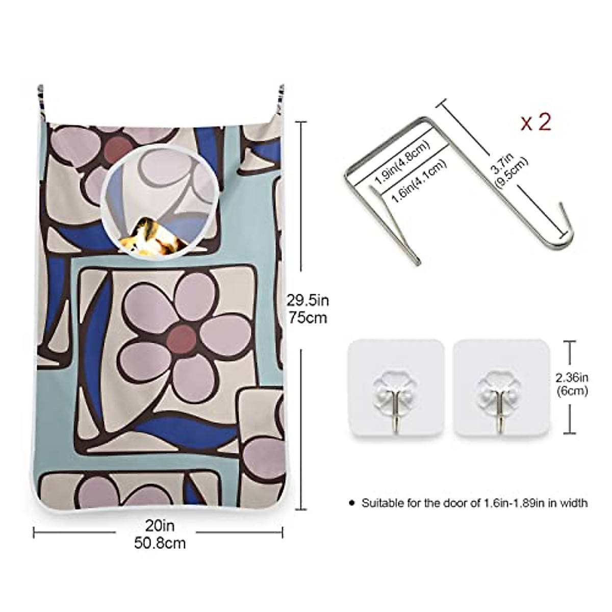 susiyo Multi-colored Abstract Flowers Hanging Laundry Hamper Bag with Free Adjustable Stainless Steel Hooks 2PCs PVC Sticky Hooks Foldable Dirty Clothes Storage Saving Space for Bathroom Bedroom Dorm