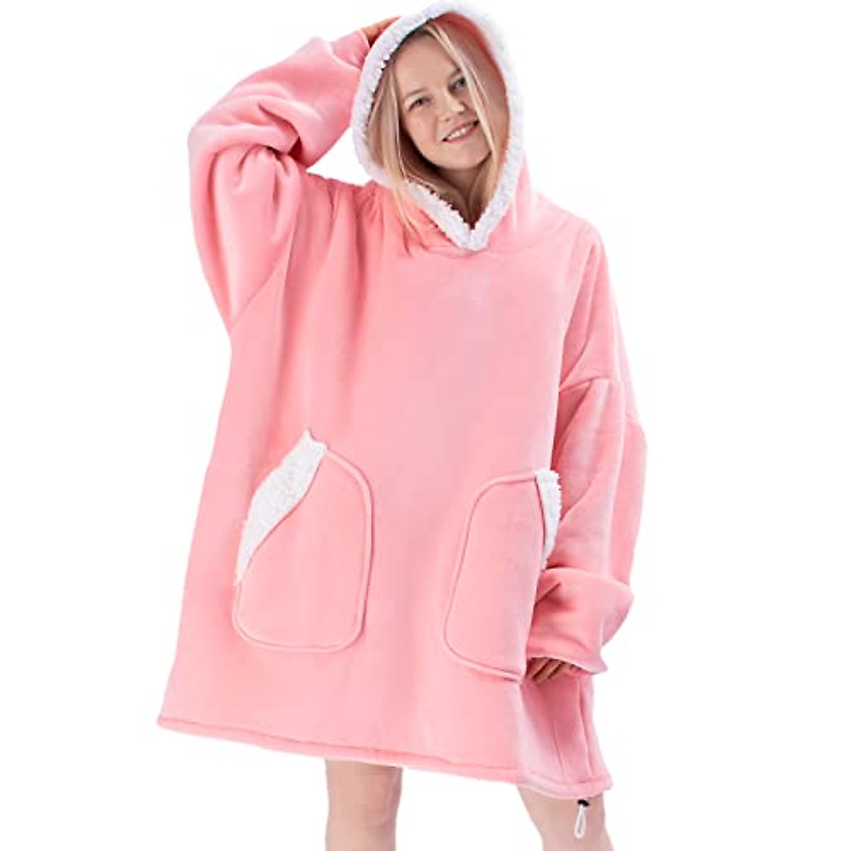Comore Blanket Hoodie-Oversized Wearable Blanket Sweatshirt Cozy Warm Soft Sherpa with Giant Patch Pockets for Women Kids Men Adults Pink