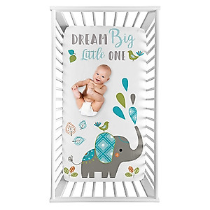 Sweet Jojo Designs Mod Elephant Boy or Girl Fitted Crib Sheet Baby or Toddler Bed Nursery Photo Op - Gender Neutral Turquoise Blue, Green, and Grey Dream Big Little One