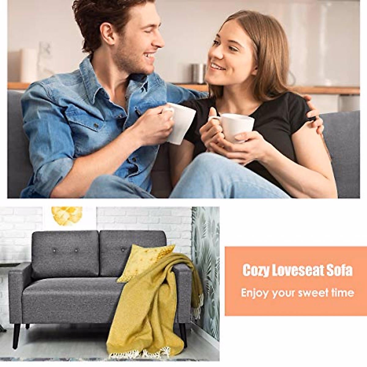 POWERSTONE Mid-Century Loveseat Fabric Modern Upholstered Sofa Couch with Removable Thick Backrest Elastic Cushion 2-Seat Armchair for Living Room Office