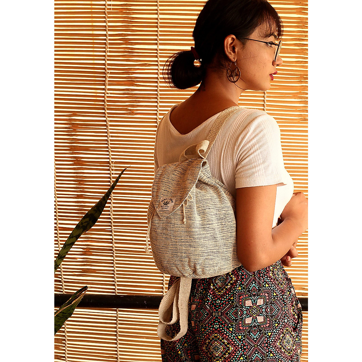 Hemp small bag for women Girls Light Weight Eco Friendly Small cute backpack Bag for everyday lives (White Gray)