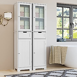 HORSTORS Bathroom Storage Cabinet with 2 Doors & 1 Drawer, Floor Freestanding Narrow Tall Cabinet with Adjustable Shelves for Living Room, Bedroom, White
