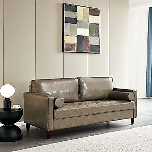 TARTOP Vegan PU Leather Living Room, Mid-Century Upholstered 3 Sofa Couch with 2 Pillows,Hidden Storage Space and Button Tufted Seat for Home or Office,Khaki