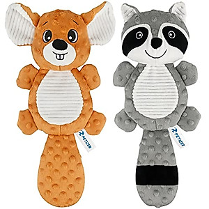 petizer Plush Squeaky Dog Toys, Stuffed and Crinkle Dog Chew Toys, Interactive Toys for Puppies, Small, Medium and Large Dogs, Cute Squirrel and Raccoon, 2 Pack