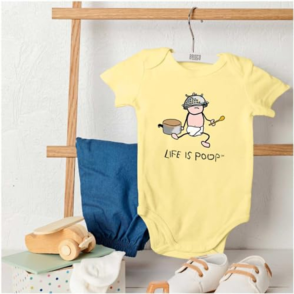 Brisco Brands Life Is Poop Pots And Pans Funny Cute Baby Romper Boys or Girls