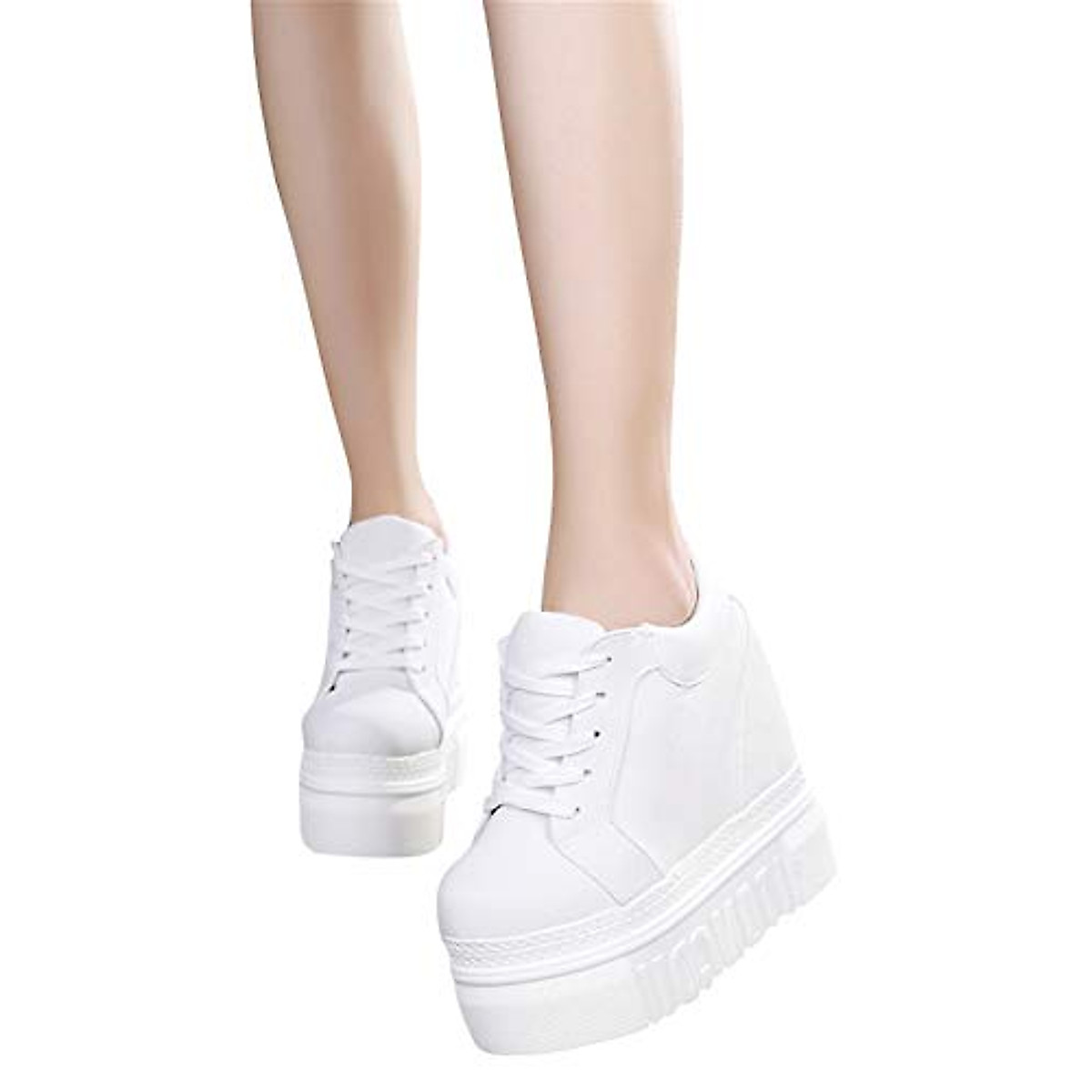 ACE SHOCK Women Fashion Platform Sneakers Wide Width High Hidden Heel Wedge Walking Shoes (7, Without Flower White)