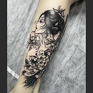 Oottati 6 Sheets Arm Fake Waterproof Temporary Tattoos Stickers Black Japanese Geisha Samurai Women Flower Lotus
