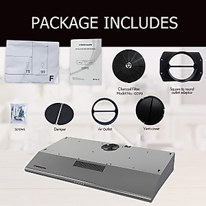 FIREGAS Under Cabinet Range Hood 36 inch with Ducted/Ductless Convertible, Slim Kitchen Stove Vent Hood, LED Light, 3 Speed Exhaust Fan, Reusable Aluminum Filter, Push Button,Charcoal Filter