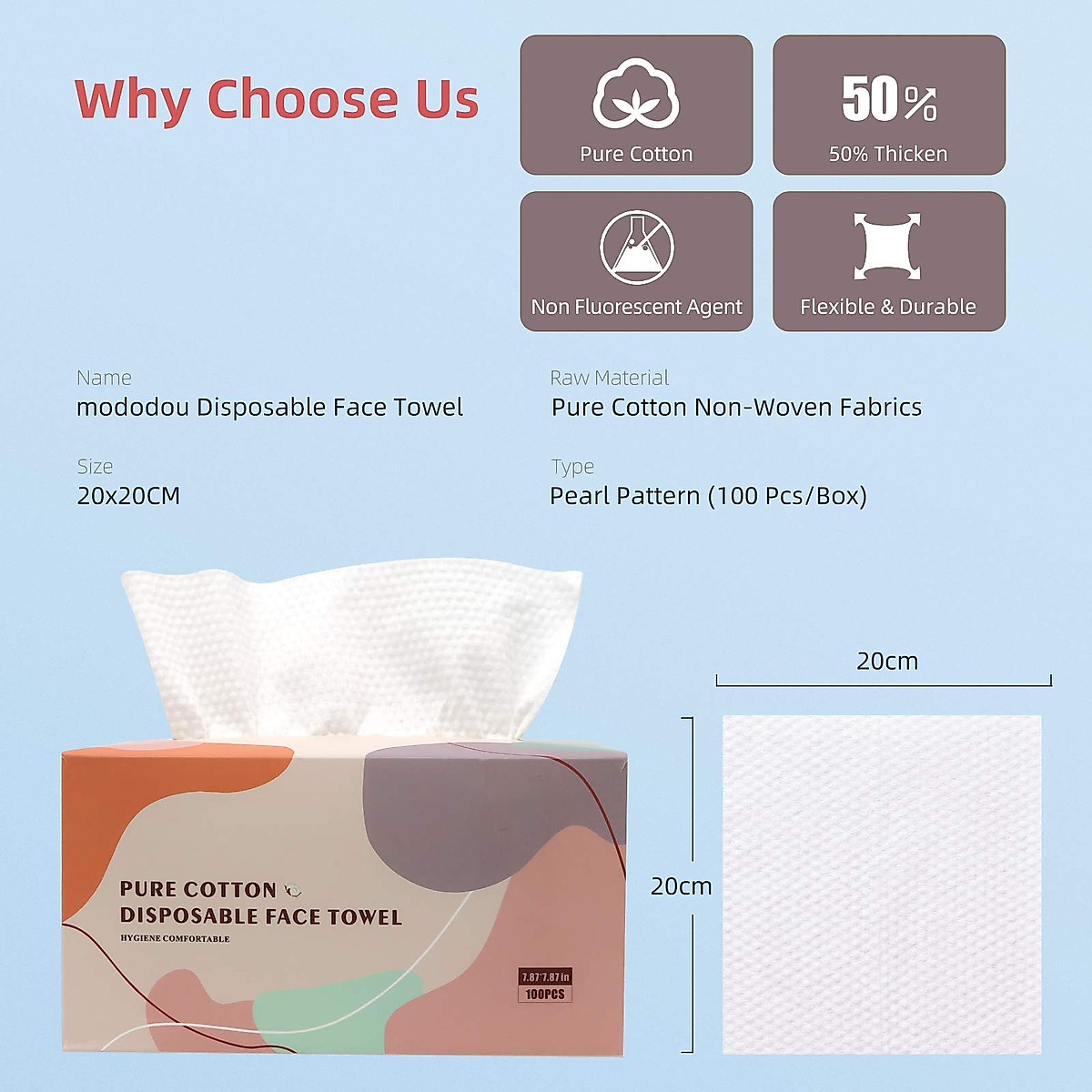 MODODOU 100 Counts Per Box Facial Towels Disposable Face Towels For Drying Face Wipes Cotton Pads Use For Cleansing Face Towelettes 100% Cotton All Skin Use Senstive Skin Use