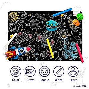 merka Coloring Placemats for Kids Placemats Kids Coloring Placemats Set of 4 Reusable Mats with 4 Colored Chalks Spaceships Astronauts and The Alphabet