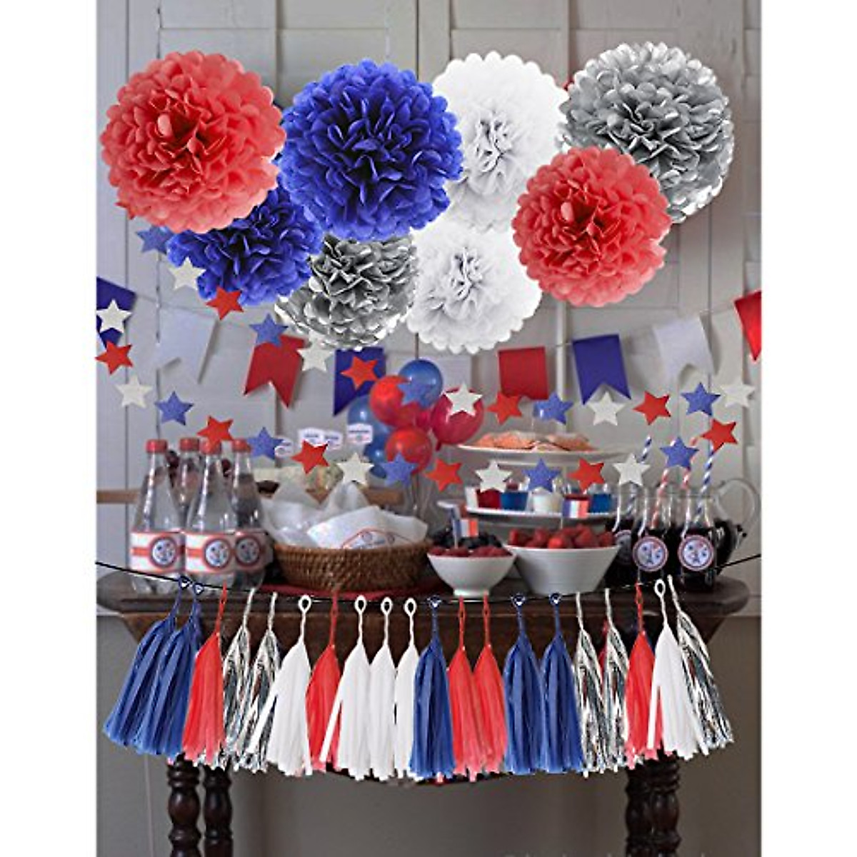 HEARTFEEL 30pcs Patriotic Tissue Paper Pom Pom Silver Navy Blue Red White Tassel Garland Party Decorationsred and blue party decorations (Navy Blue Red Silver White)