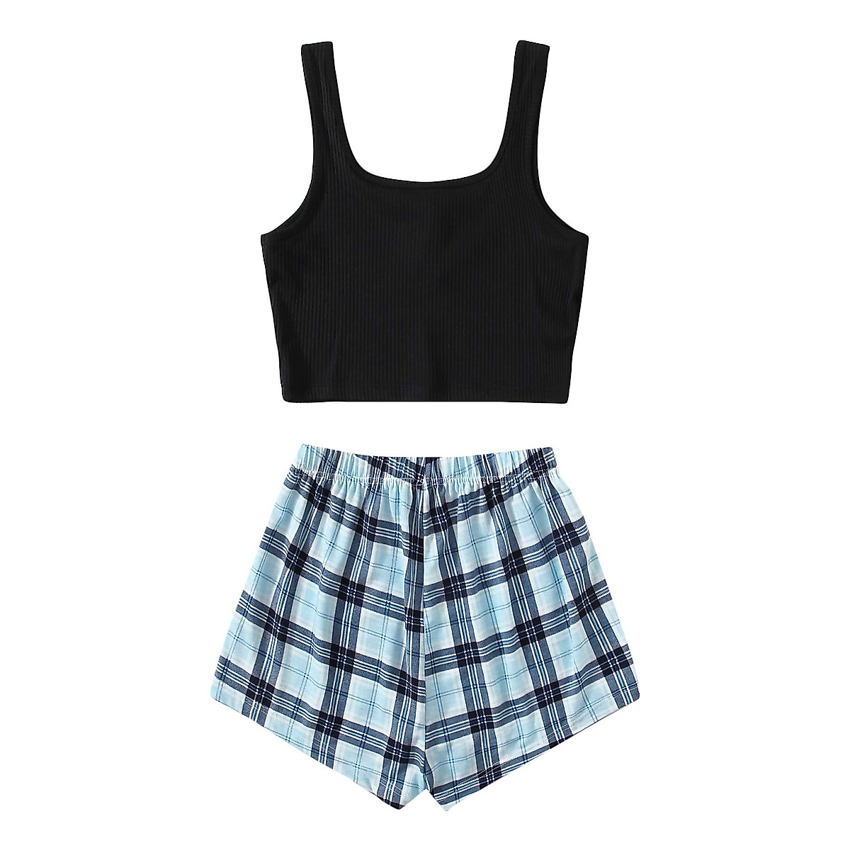 Verdusa Women's 2 Piece Outfits Crop Tank Top and Plaid Shorts Cute Loungewear Pajama Set Black Blue L
