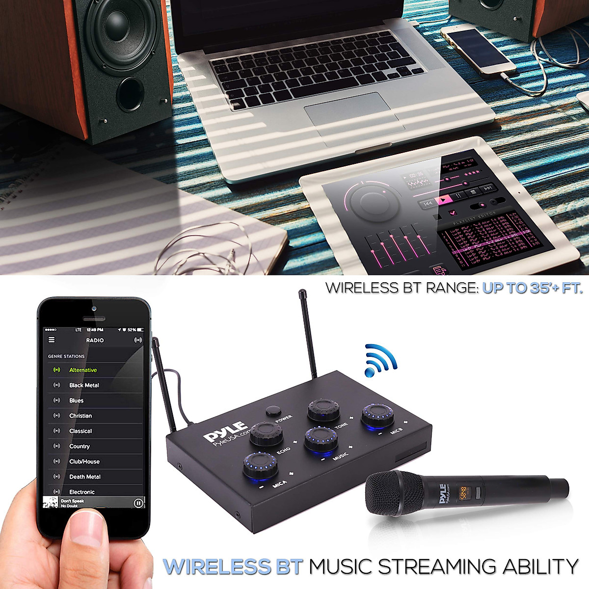 Wireless Karaoke Microphone Mixer System - 8-Channel Optical/Coaxial Input Mixer w/Digital UHF Wireless Mics, 3.5mm Input/Output, Works w/Home Theater, Receiver, Amplifier, Speaker - Pyle PDWMKHRD23