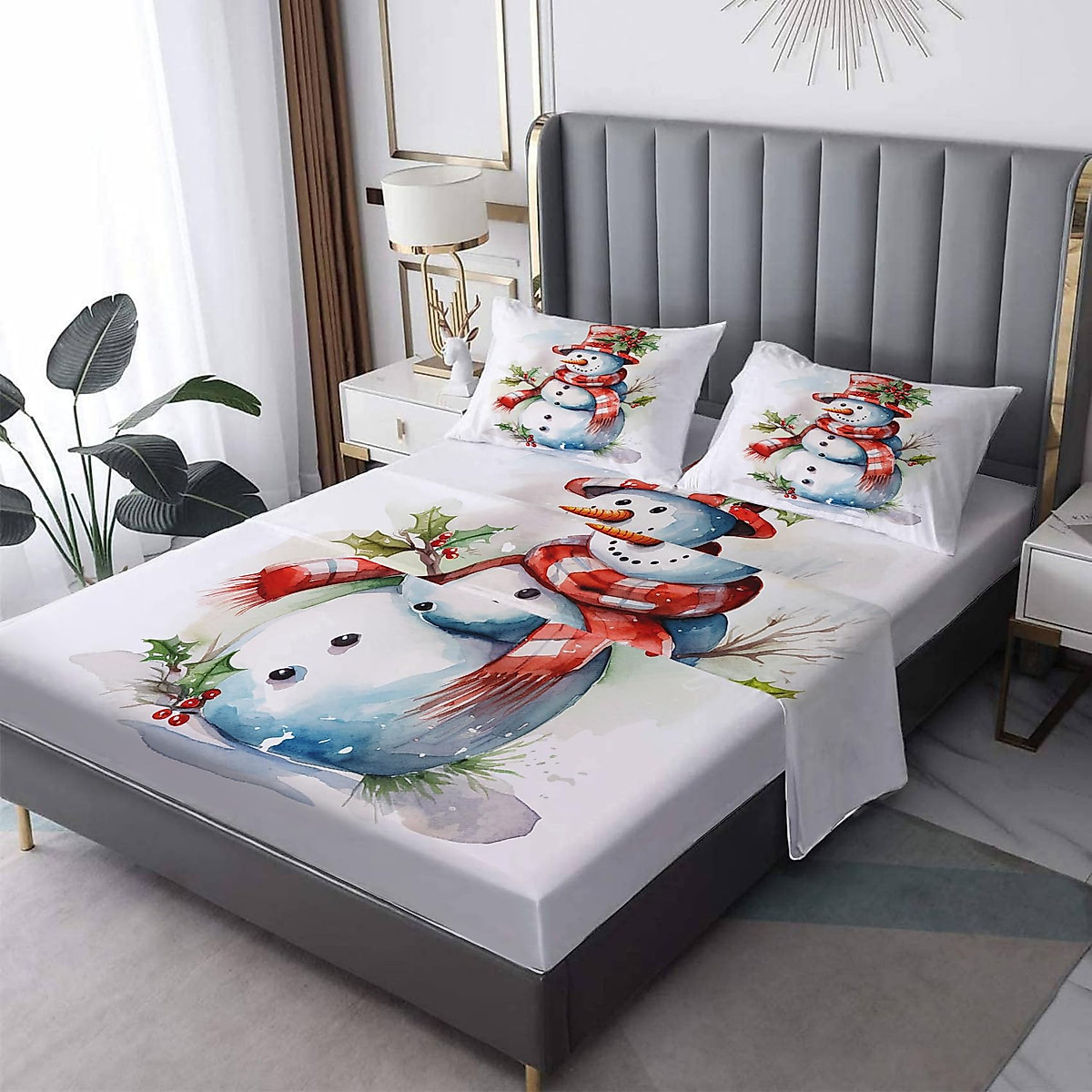 zcsm Christmas Snowman Sheets Full Size Sheet Sets - Xmas Bed Sheets, Soft Microfiber & Deep Pocket & Wrinkle Free Patterned Bedding Sheets & Pillowcases, 1 Fitted Sheet, 1 Flat Sheet, 2 Pillow Cases