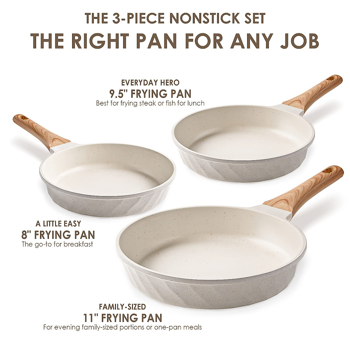YIIFEEO Non-stick Frying Pans - Beige Nonstick Frying Pan Set Egg Omelette Pans for Cooking Set, Healthy Granite Skillet Set Kitchen Induction Cookware Chef's Pan Christmas Gift, 8", 9.5" &11"