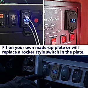 Rocker Style Switch Replacement USB C Car Charger Socket, Dual PD and QC3.0 12V/24V Panel Mount USB Outlet with LED Voltmeter for Boat, Marine, Truck, Bus, Off Road Vehicles, RV, Golf Cart, etc.