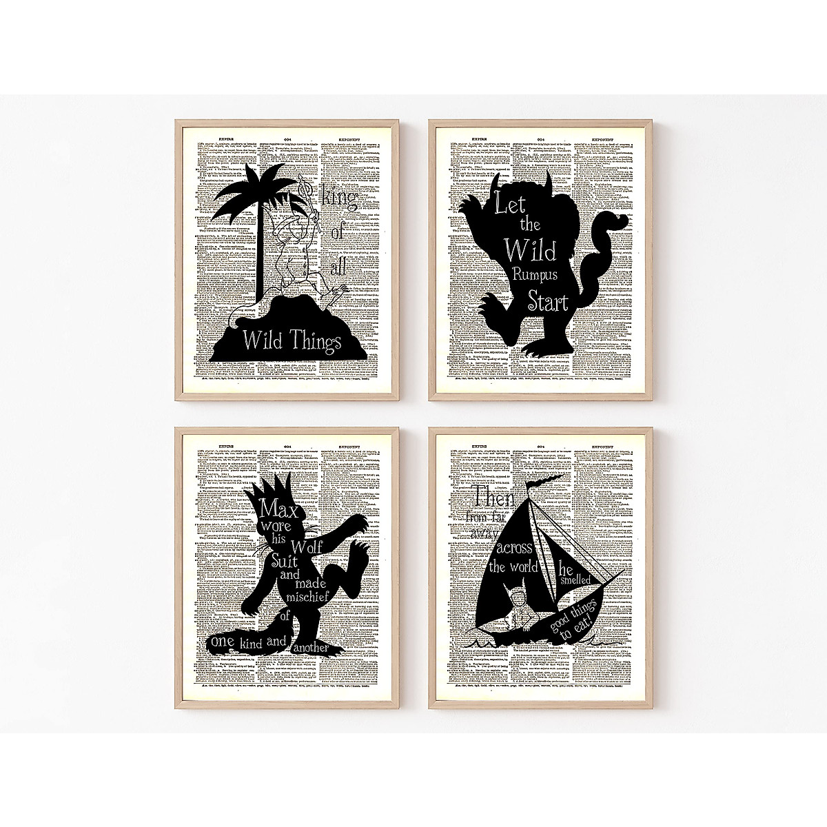 Wild Things - Decor - 4 piece set - Dictionary Art Print Quotes and Sayings Print - UNFRAMED 8 X 10 inches