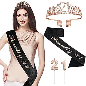 Finally 21 Sash Rhinestone Tiara Set 21st Rose Gold Birthday Sash Crown Birthday Candles Birthday Crown Kit for Women 21st Birthday Party Decoration Anniversary Celebration Supplies