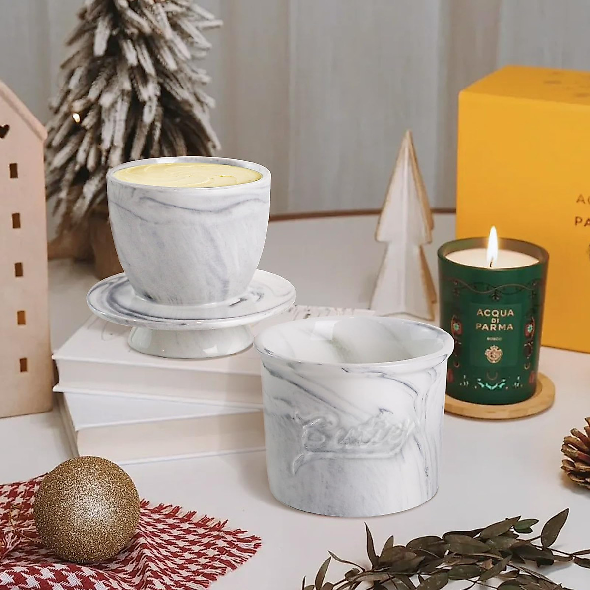 MSJGA Butter Crock for Counter with Water, French Butter Keeper for Spreadable Butter Marble Ceramic Butter Dish with Lid for Countertop, Butter Container Holder