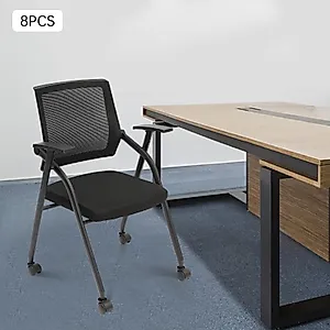 LOHISHILO 8pcs Mesh Guest Reception Stack Chair with Caster Arms for Office Conference, Reception, Training Room Chair, Schools, Meeting Rooms, Step Classrooms, Churches, Homes