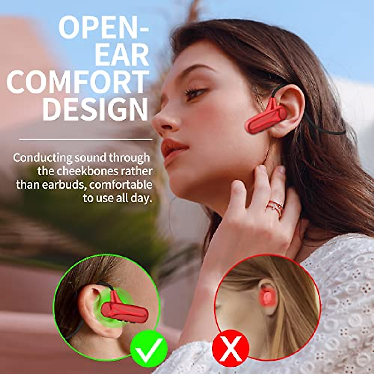 WESADN Bone Conduction Headphones Bluetooth Wireless Open Ear Headphones Build in Microphone Stereo Sport Workout Headset Earphones for Running Cycling Hiking Driving for iPhone Android F1 Red