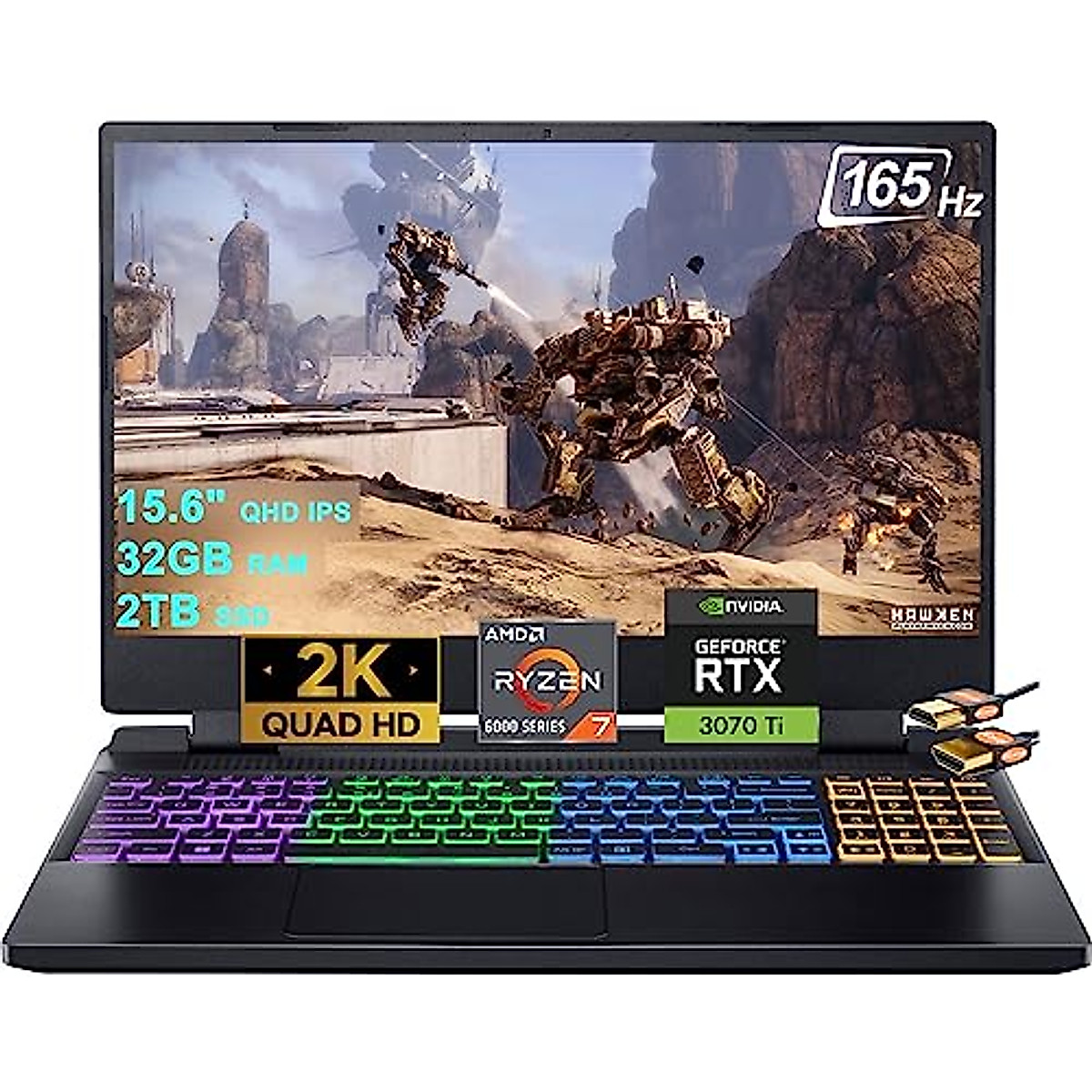 Acer Nitro 5 15 Gaming Laptop 15.6" QHD IPS 165Hz (300 nits 100% DCI-P3) AMD Octa-core Ryzen 7 6800H (Beat i7-11370H) 32GB RAM 2TB SSD GeForce RTX3070Ti 8GB Backlit HDMI USB-C Win11 Black + HDMI Cable