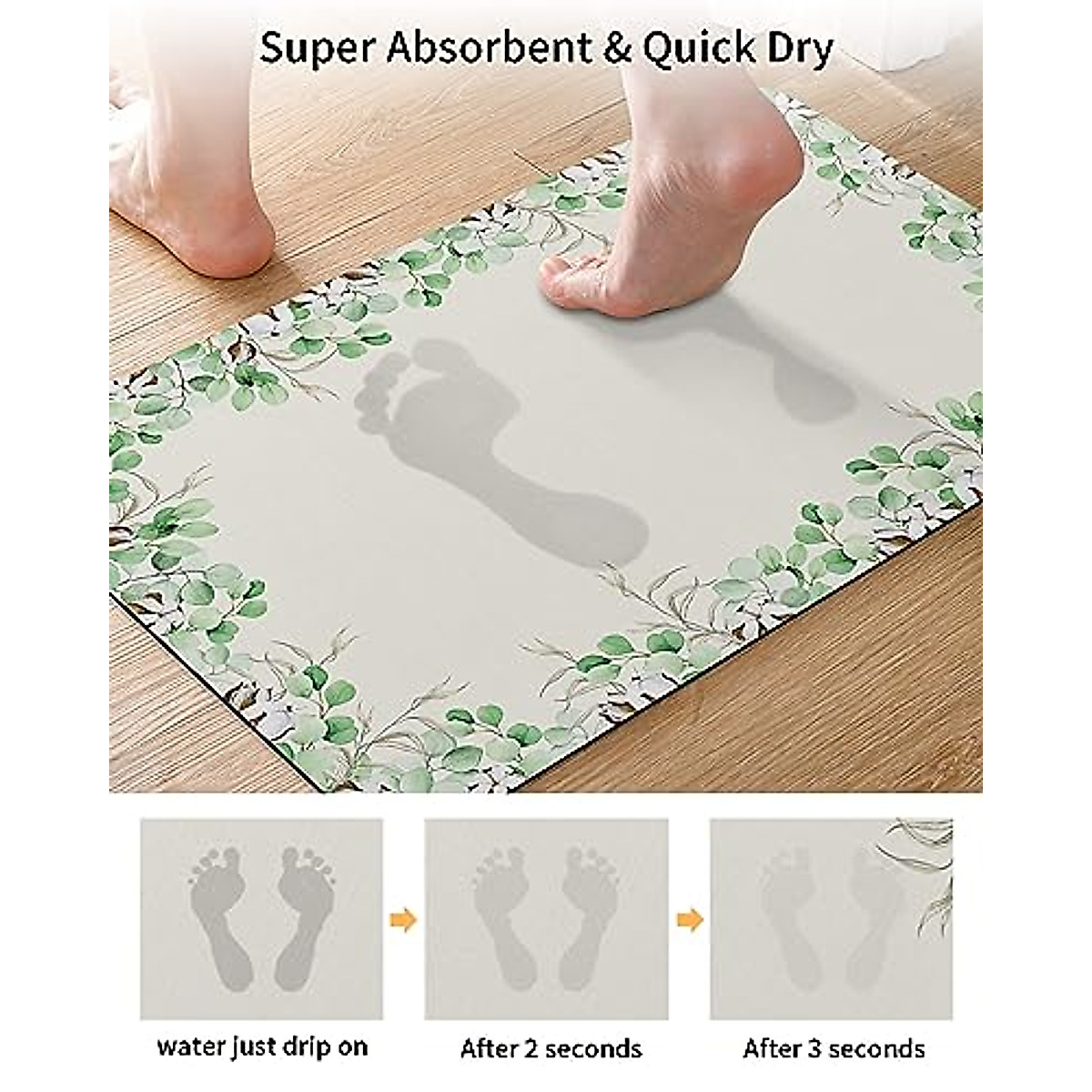 Gogobebe Super Absorbent Diatom Mud Mat Summer Eucalyptus Leaves Watercolor Retro Linen Quick-Drying Thin Bath Mat Non-Slip Bathtub Mat Anti-Skid Rubber Bathroom Shower Mat 16x24in