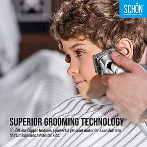 SCHON Cordless Rechargeable Hair Clipper and Trimmer for Men, Women, Children - Solid Stainless Steel Electric Buzzer with Precision Blades, Hair Cutting Kit with 8 Color-Coded Guide Combs
