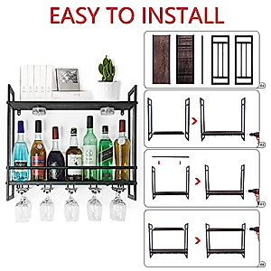 LED Wine Rack Wall Mounted , Wine Bottle Stemware Rack, 23.6In Rustic Metal Hanging Wine Holder with 5 Stem Glass Holders for Wine Glasses, 16 RGB Dimmable Colors with Remote Control (23.6 in)