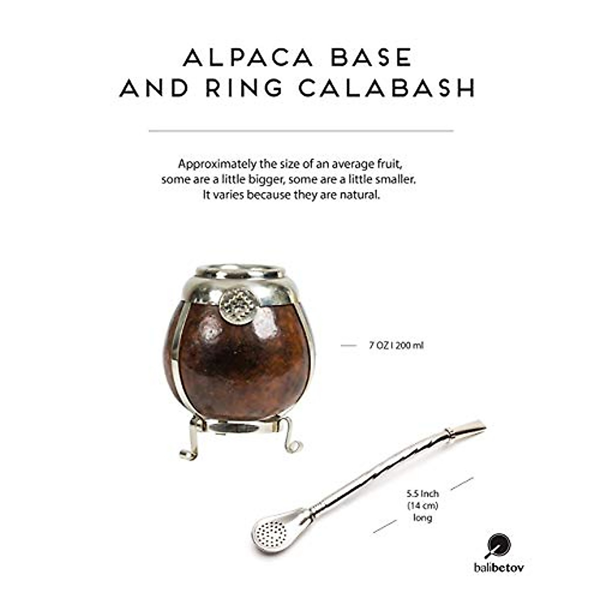 BALIBETOV [New Handmade Yerba Mate Gourd Set - German Silver Trim and Base - [Mate Cup] with Bombilla [Yerba Mate Straw] (Dark Brown)