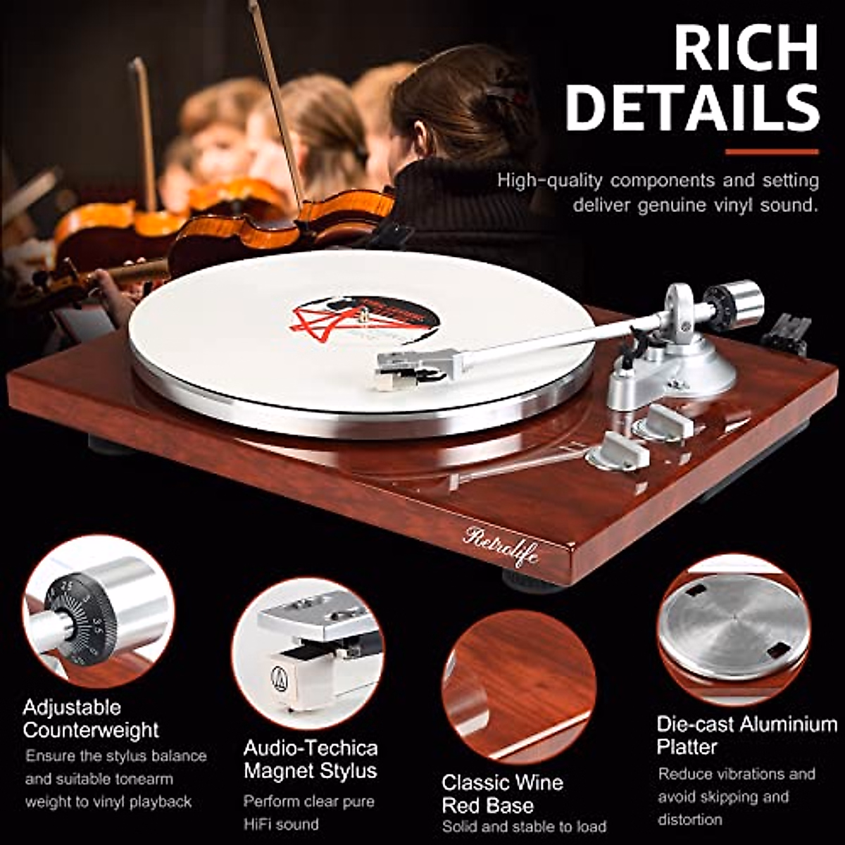 Turntable Record Player Bluetooth Built-in Phono Pre-amp 2-Speed Belt-Driven with Adjustable Counterweight Magnetic Cartridge Vinyl Recording via PC Turntables for Vinyl Records